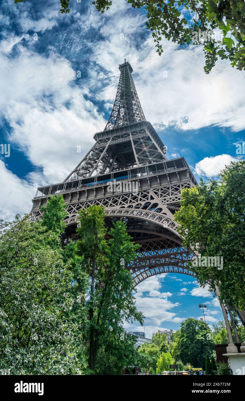 Eiffel Tower, the most visited landmark in France. Bottom view close up ...