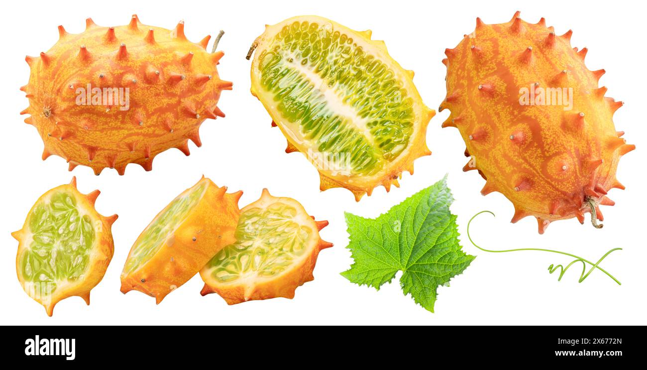 Collection of kiwano fruit with kiwano slices isolated on white ...