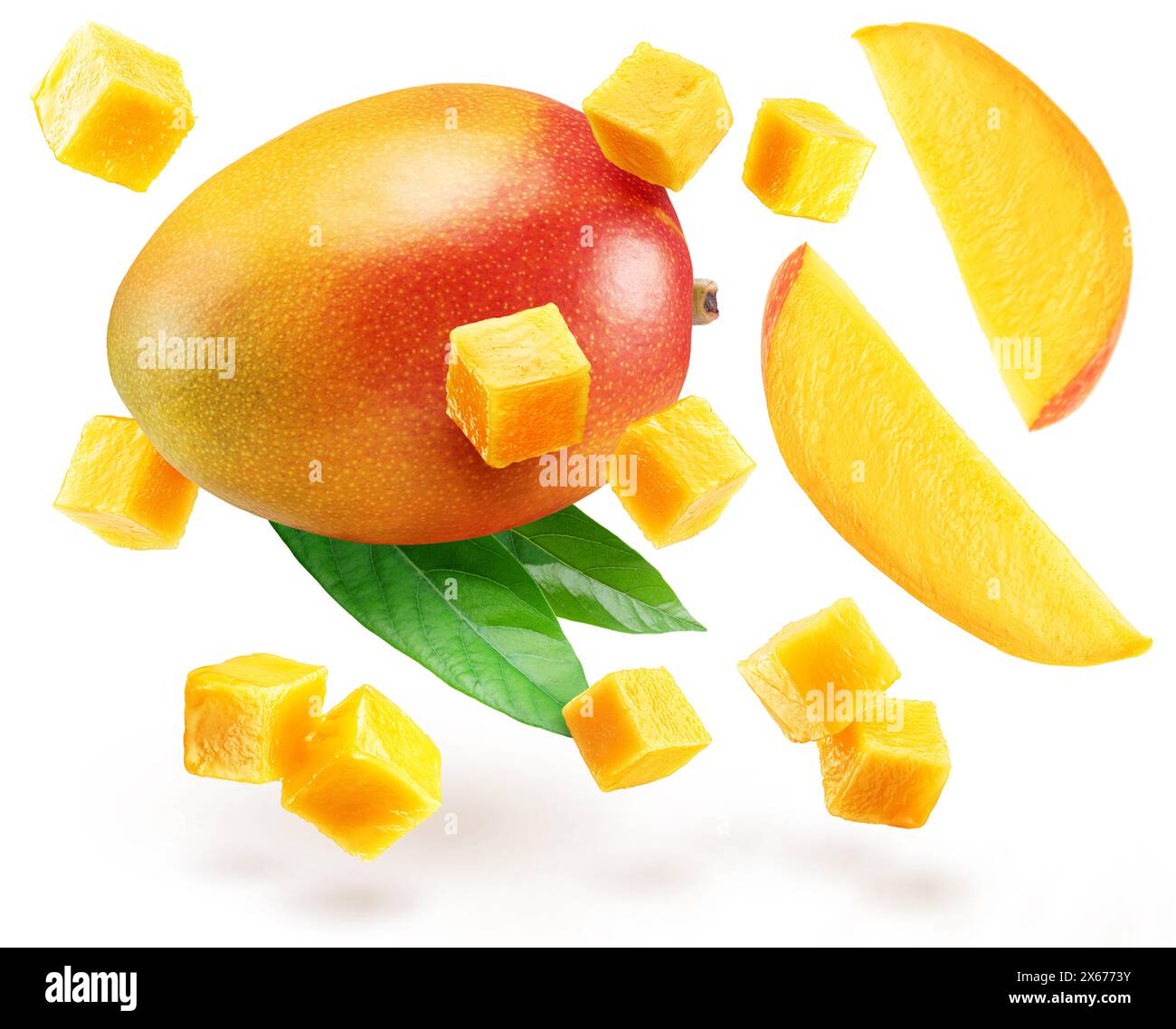 Mango fruits and mango slices levitating in air on white background ...