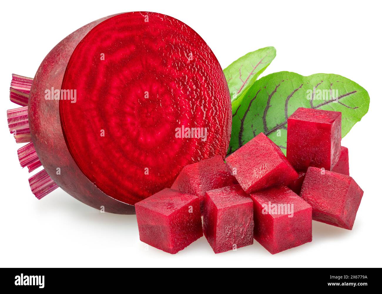 Red beetroot cross section and diced beetroot cuts isolated on white ...