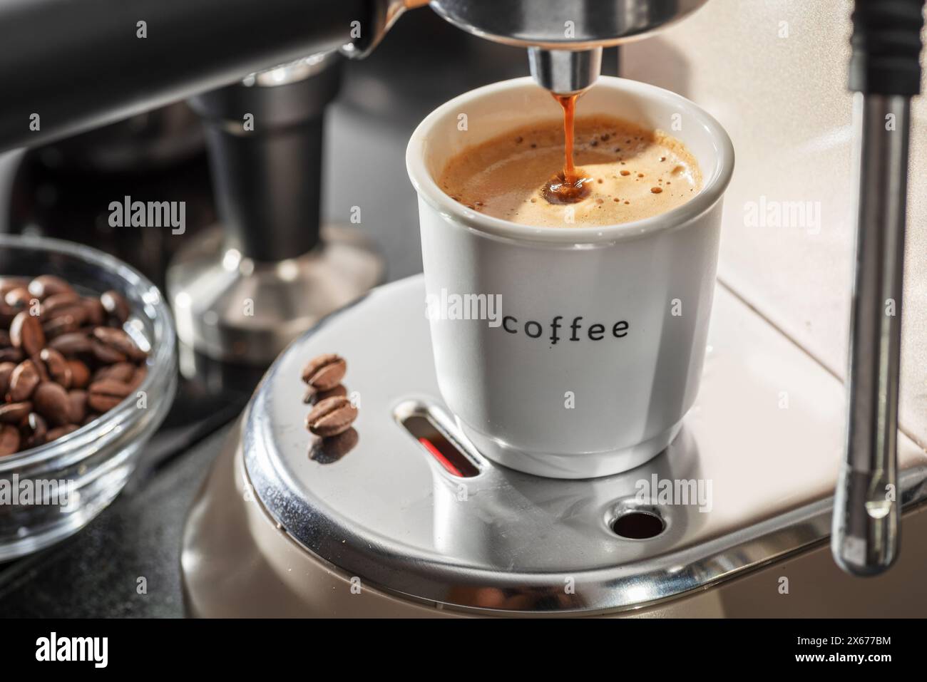 Automatic coffee machine. Pouring coffee into the coffee cup closeup ...