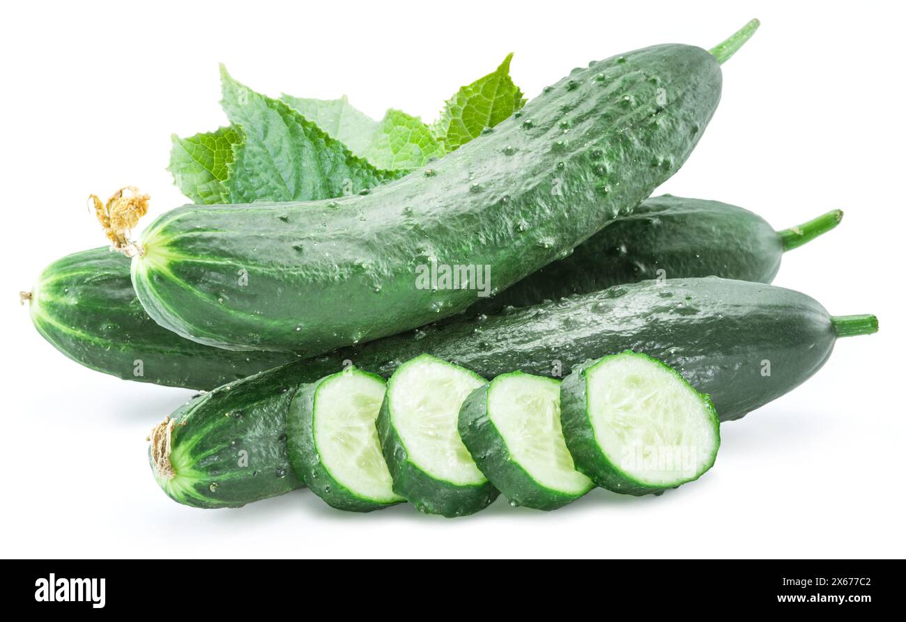 Cucumbers and cucumber slices isolated on white background Stock Photo ...