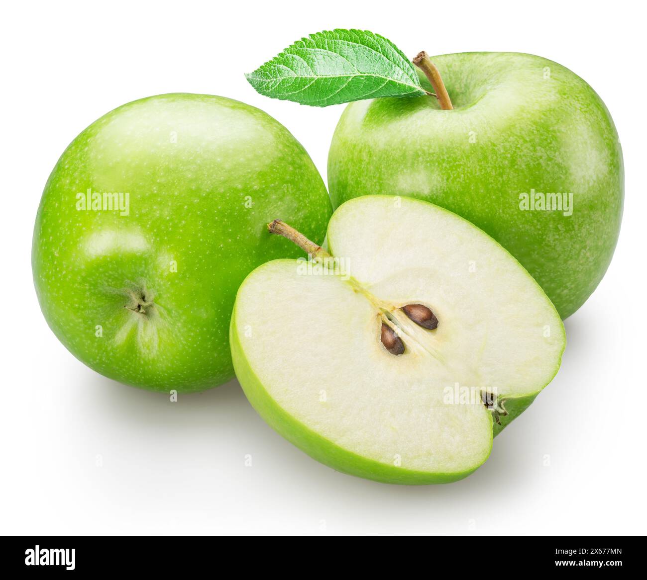 Two green apples with leaf and half of green apple on white background ...