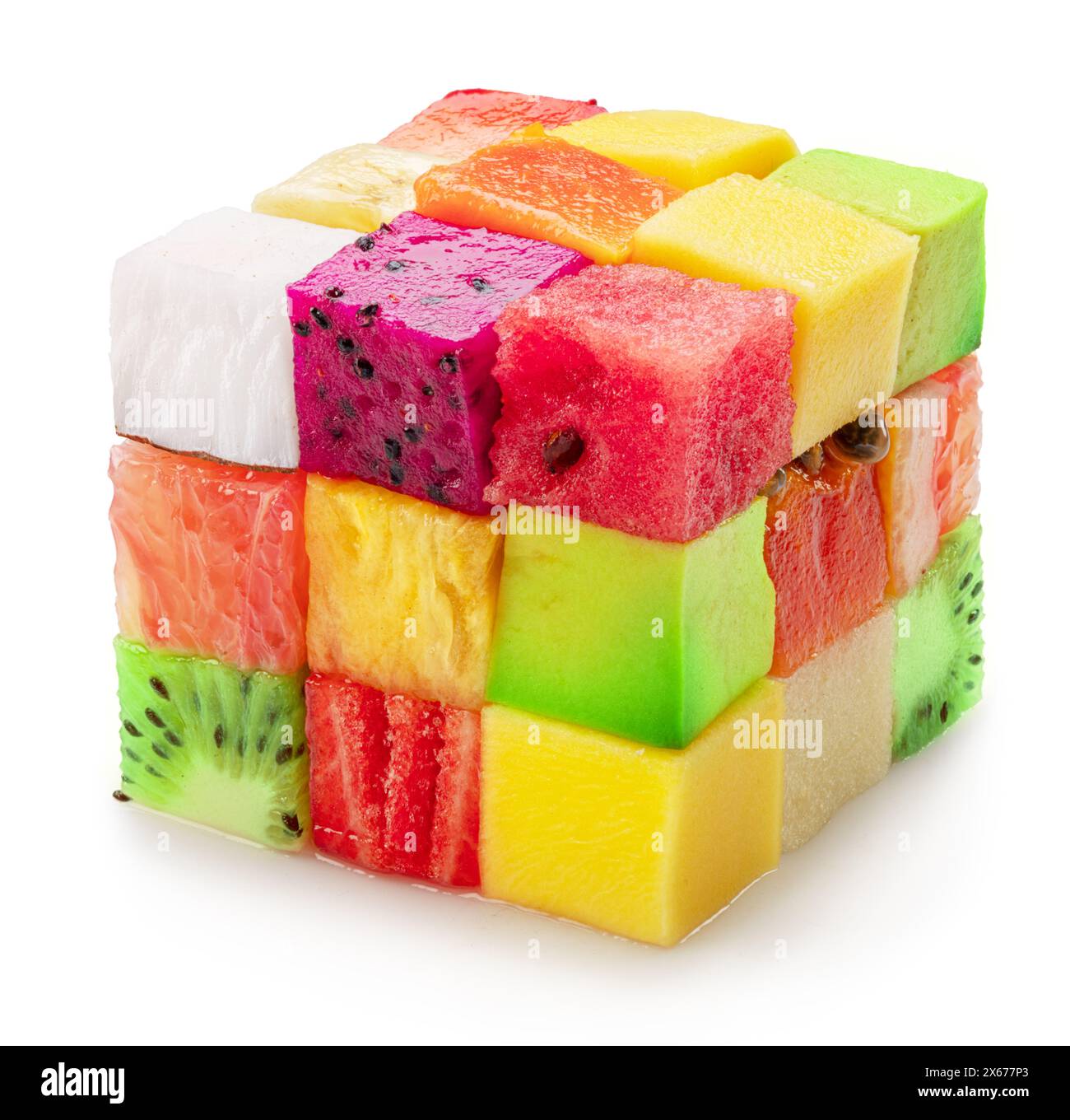 Fruit puzzle cube arranged from different fruit cubes. Dietary concept ...