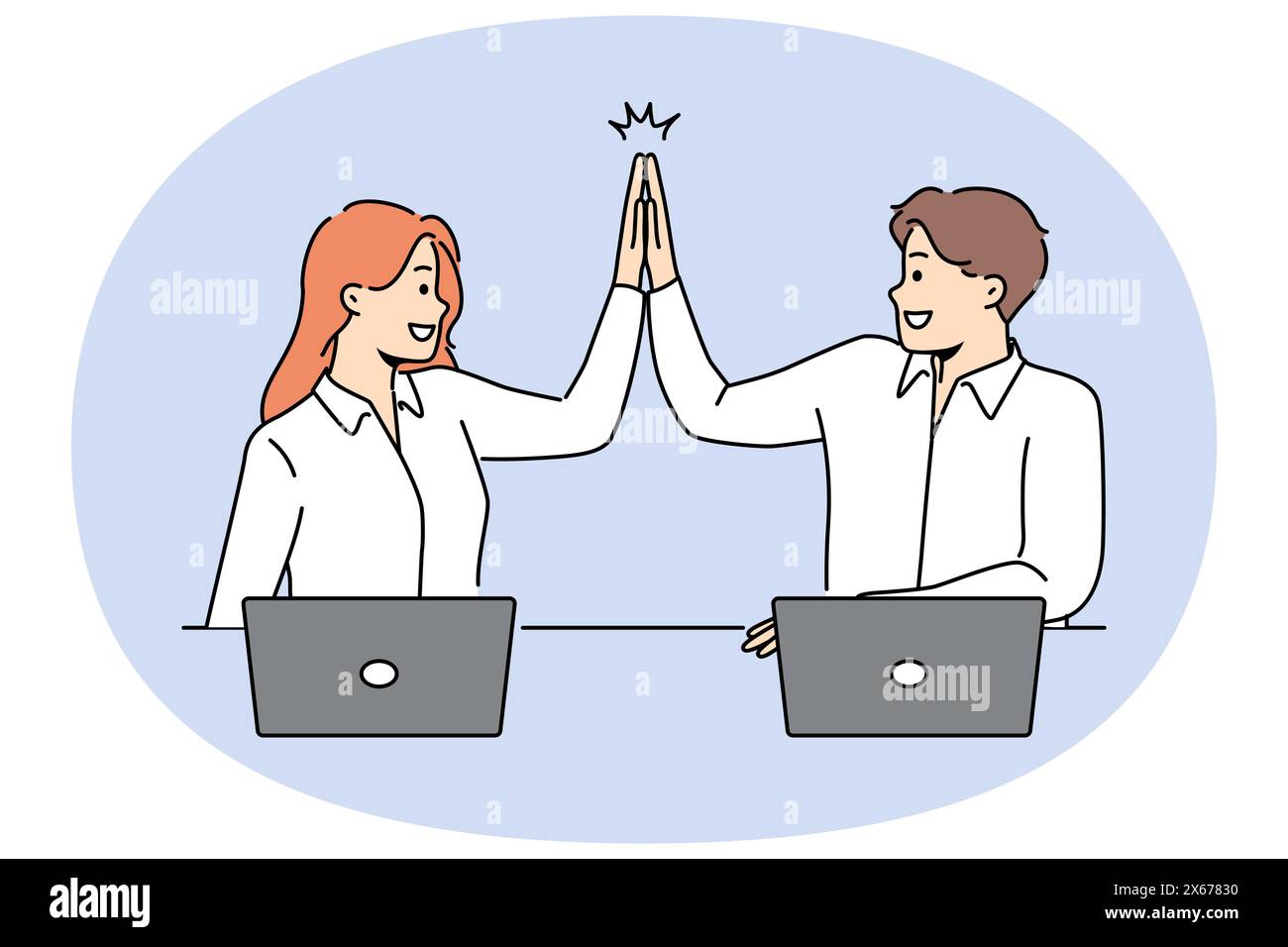 Smiling businesspeople give high five working together in office. Happy employees celebrate ...