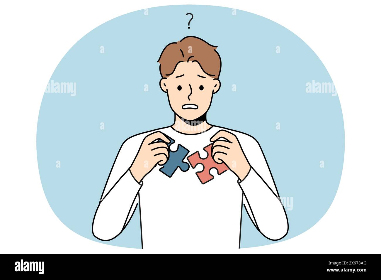 Confused man unable to join puzzle pieces. Frustrated guy brainstorm ...