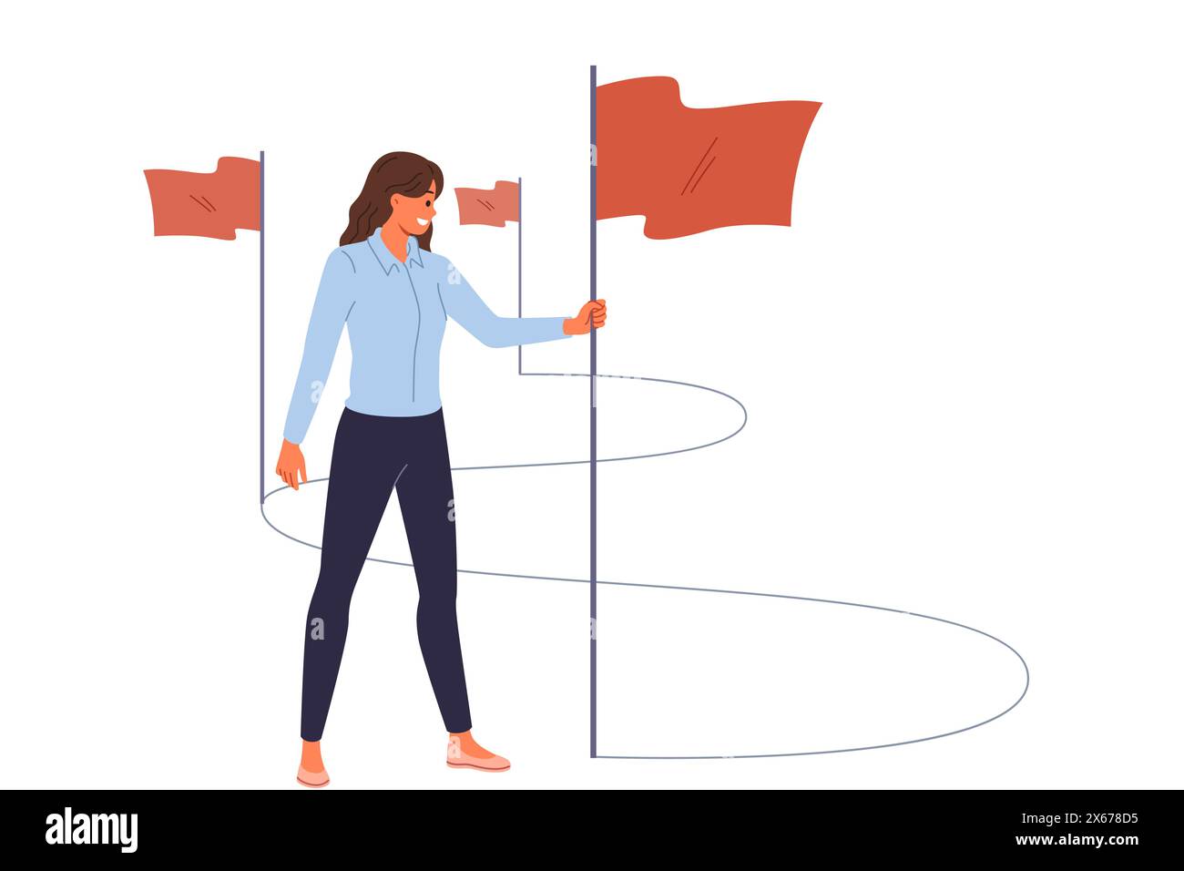 Business woman walks path to success and inserts winner flags on way to ...