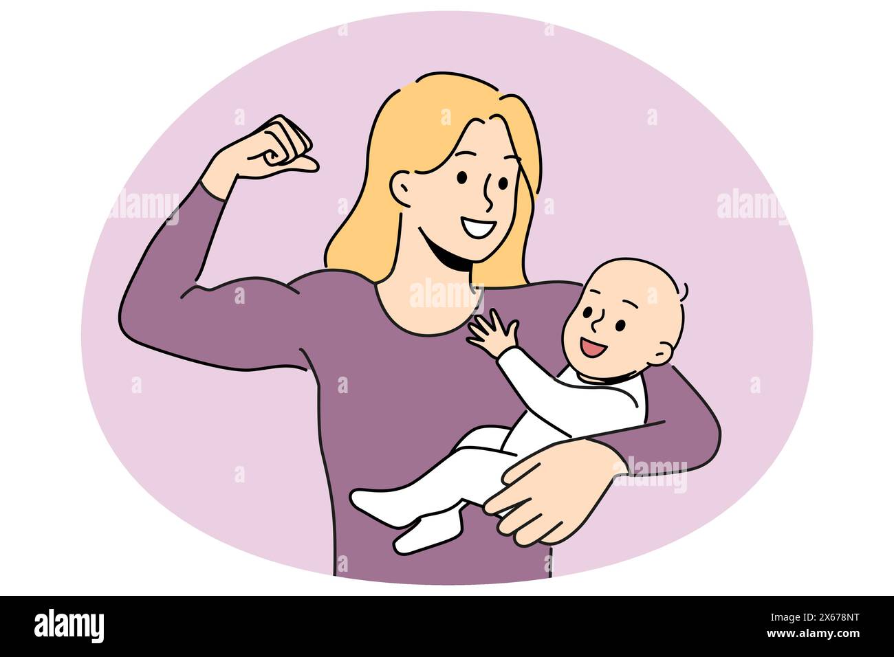 Smiling powerful mother showing bicep holding newborn baby on arms ...
