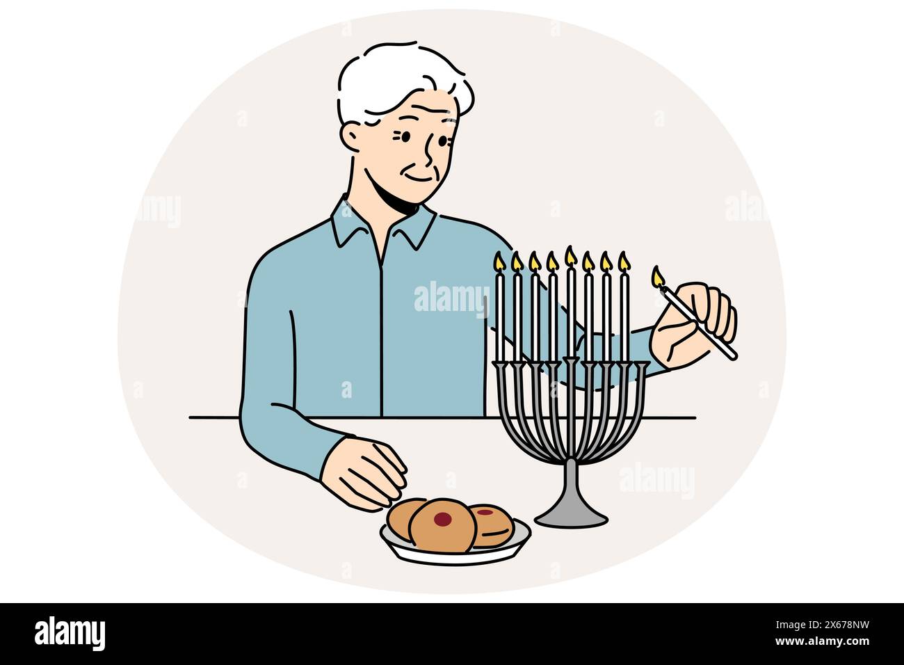Old man lighting candles in menorah celebrating Jewish festival ...