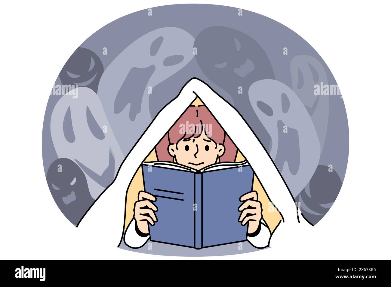 Scared little girl hive under blanket reading scary story. Terrified ...