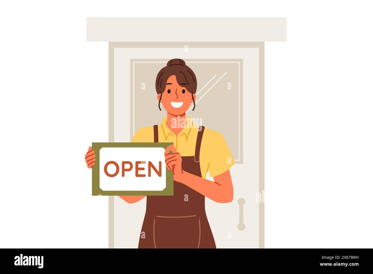 Woman waiter shows inscription open standing near door of restaurant ...