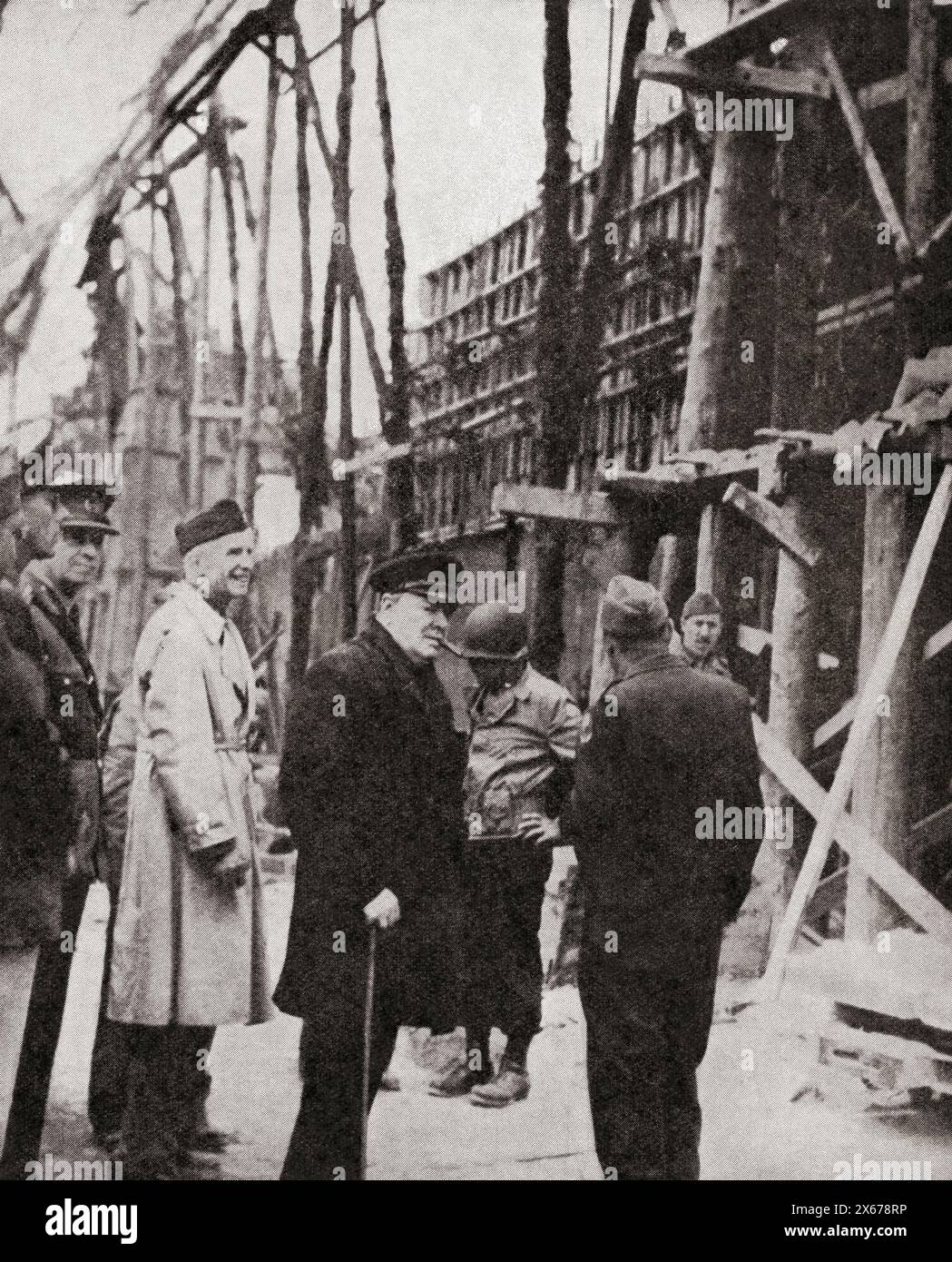 Winston Churchill seen here visiting a captured flying-bomb site in ...