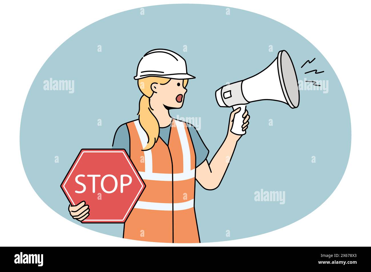 Female architect in helmet hold megaphone and stop sign regulate ...