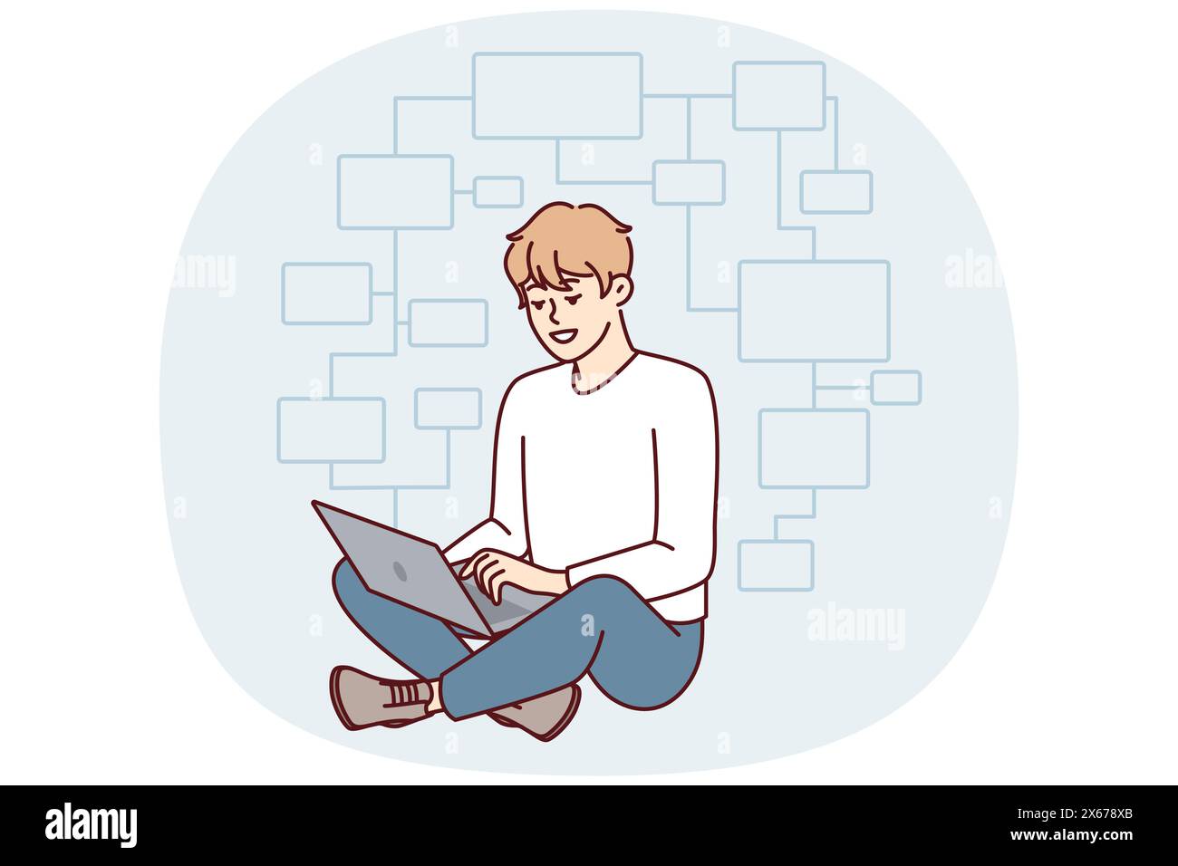 Young Man Programmer Sits Cross Legged On Floor With Laptop On Lap And Creates Web Application