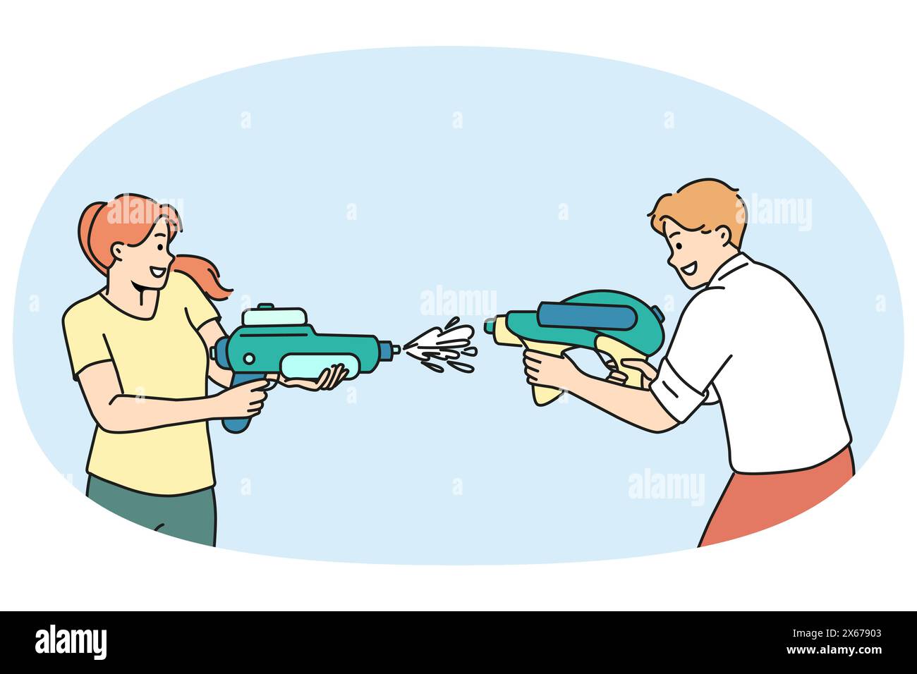 Happy couple shooting with water guns. Smiling man and woman have fun ...