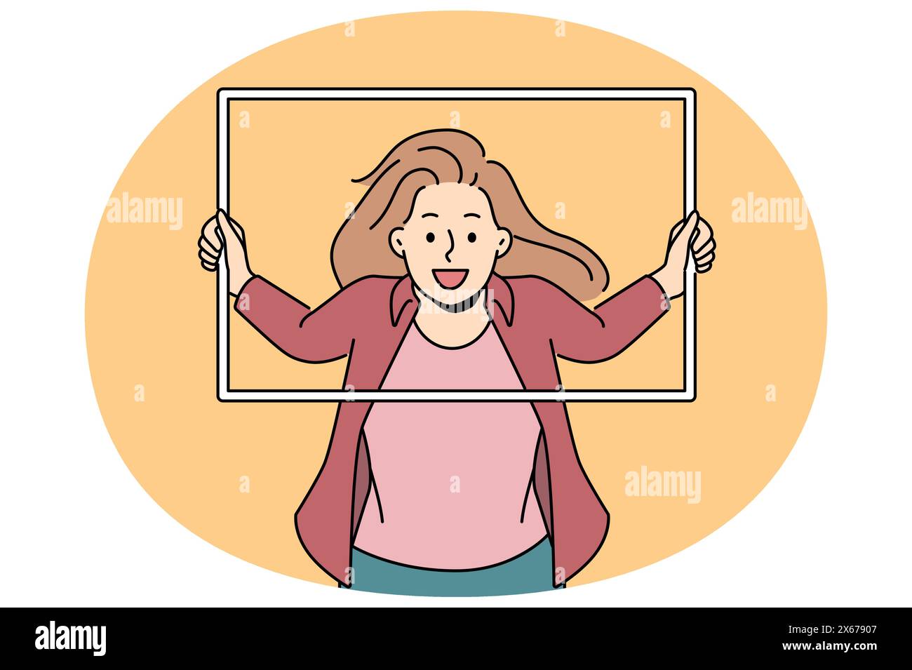 Smiling woman with empty frame posing making picture. Happy girl put ...