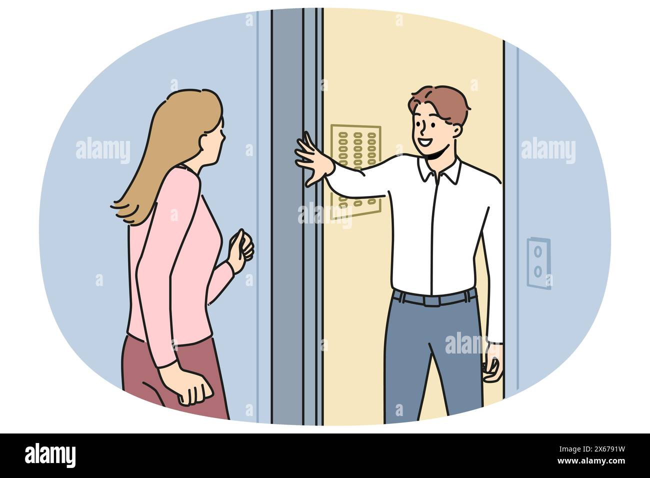 Smiling man holding lift doors to neighbor. Happy male hold elevator to woman neighbour. Vector ...