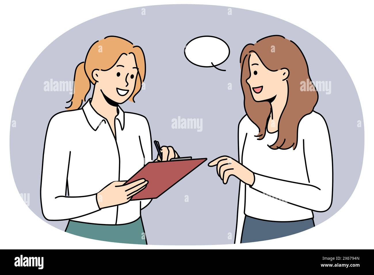 Smiling female interview with folder talk with passerby on road. Happy ...