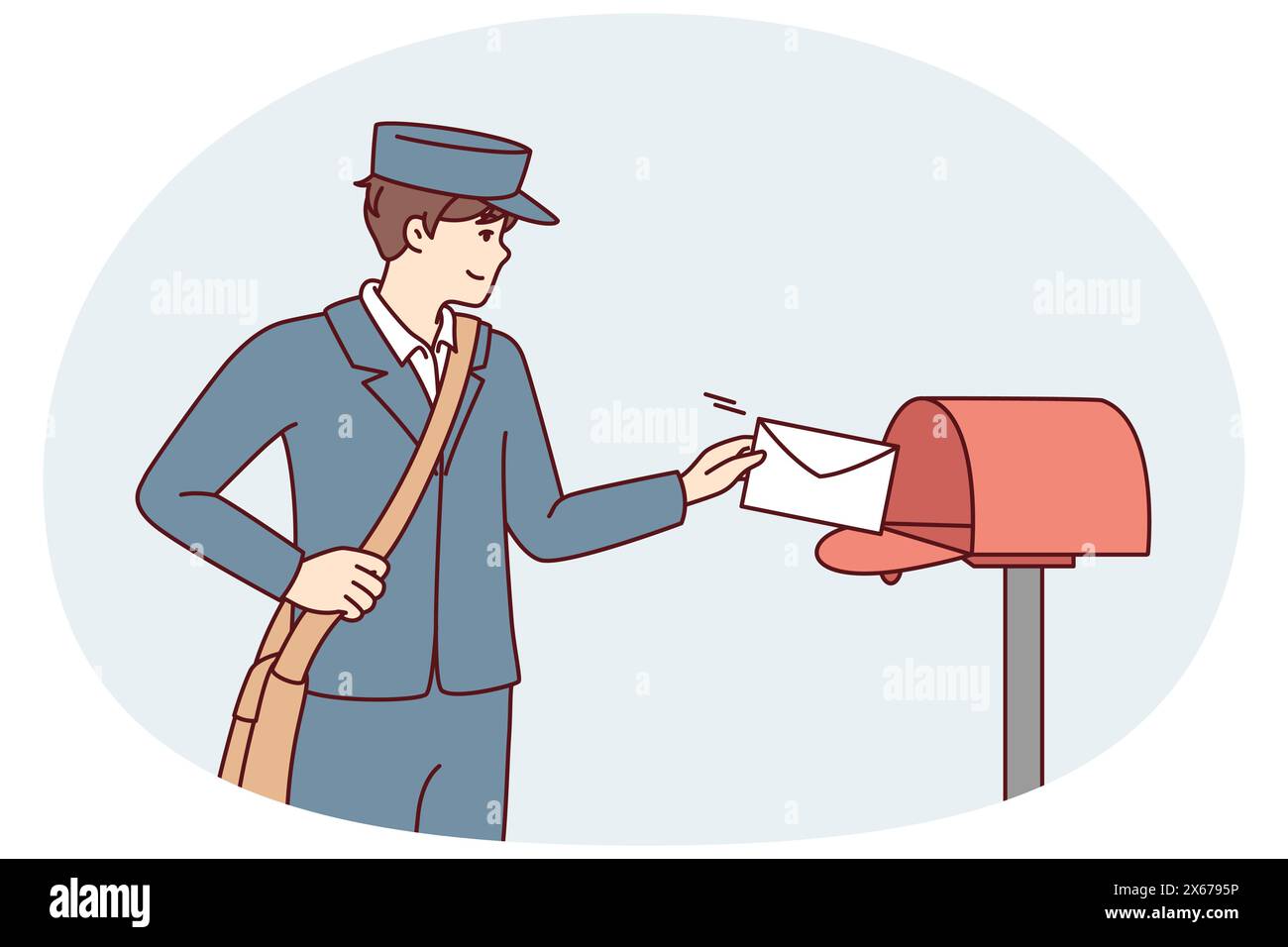 Man in postman uniform throws paper letter into metal mailbox located ... Man in postman uniform throws paper letter into metal mailbox located ...