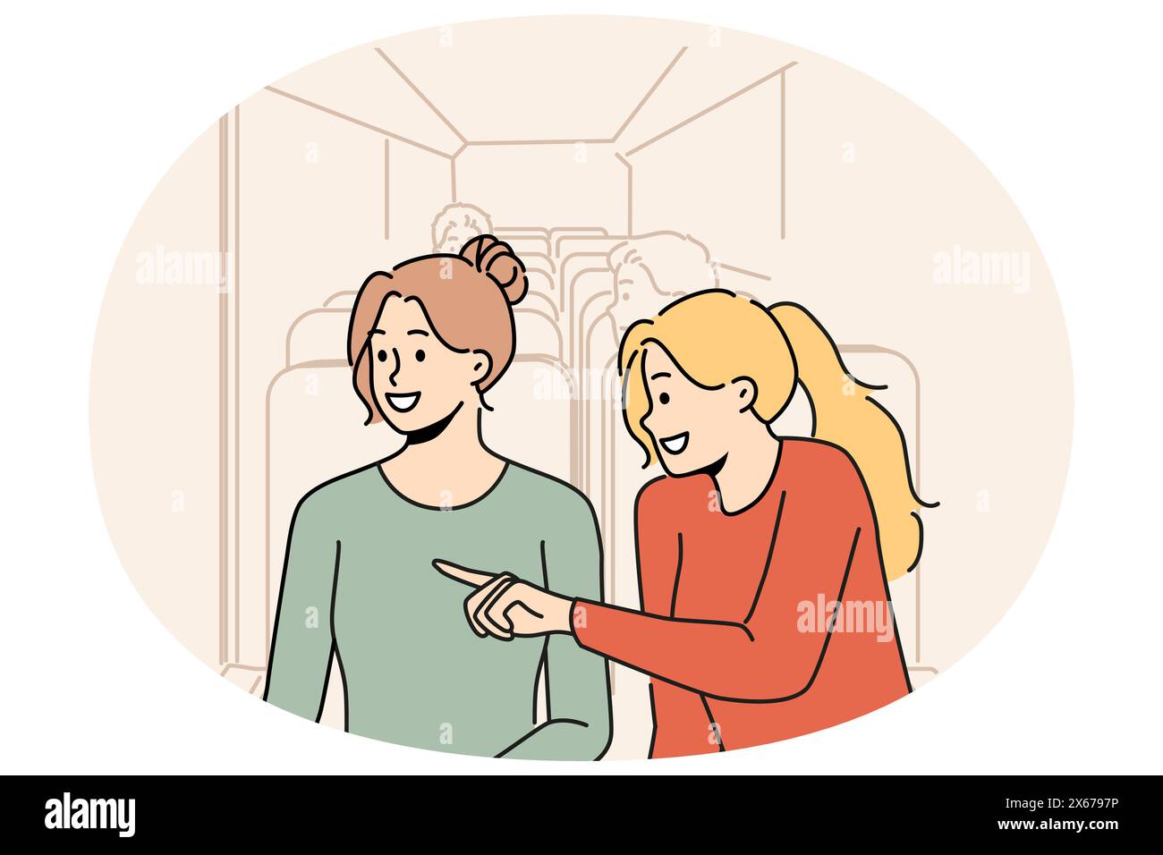 Smiling girls have fun riding in bus. Happy women enjoy bus ride ...