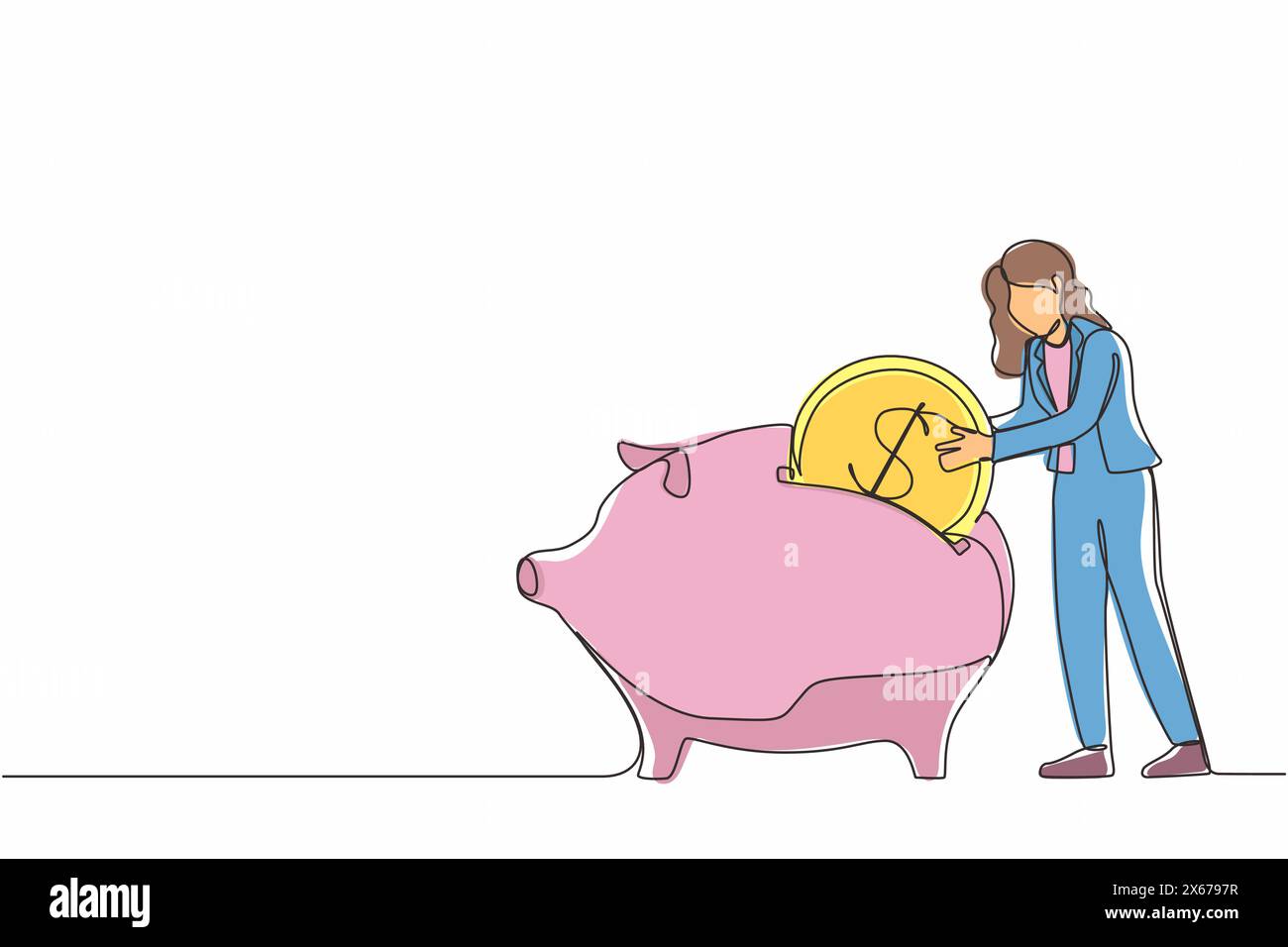 Single continuous line drawing businesswoman putting dollar coin into ...