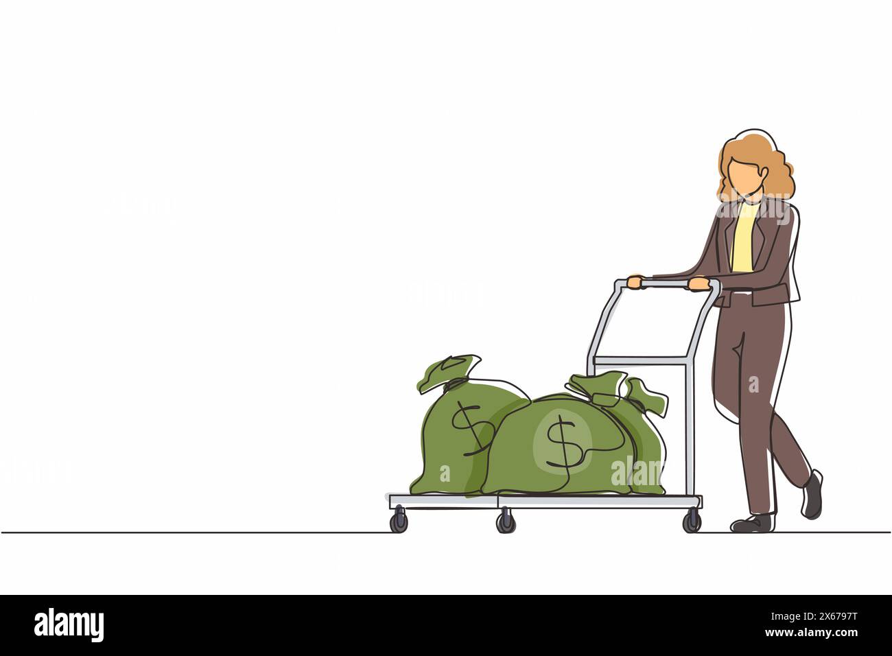 Single one line drawing businesswoman push cart with money bags. Reward ...