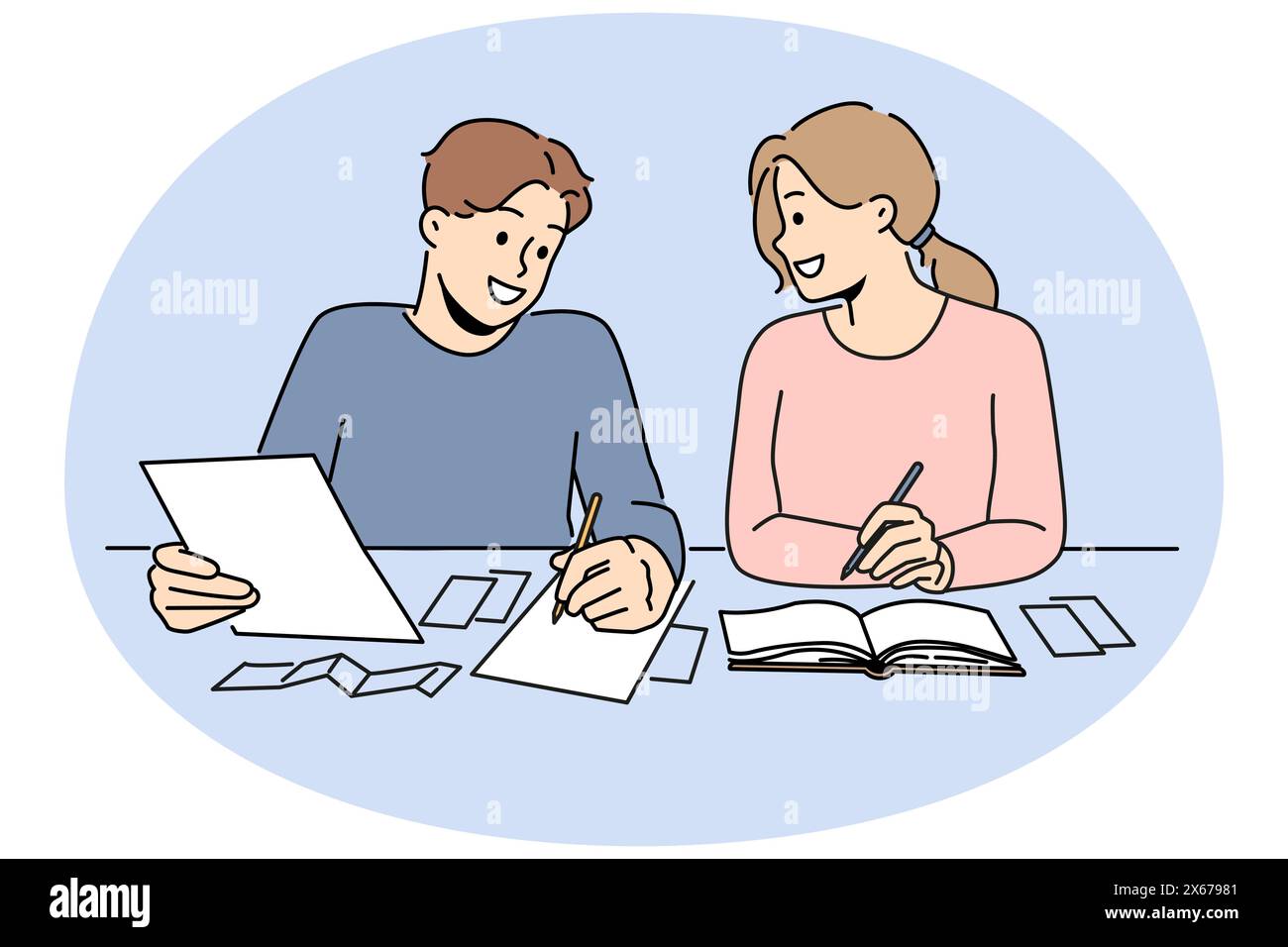 Smiling couple sit at desk managing finances. Happy man and woman take ...