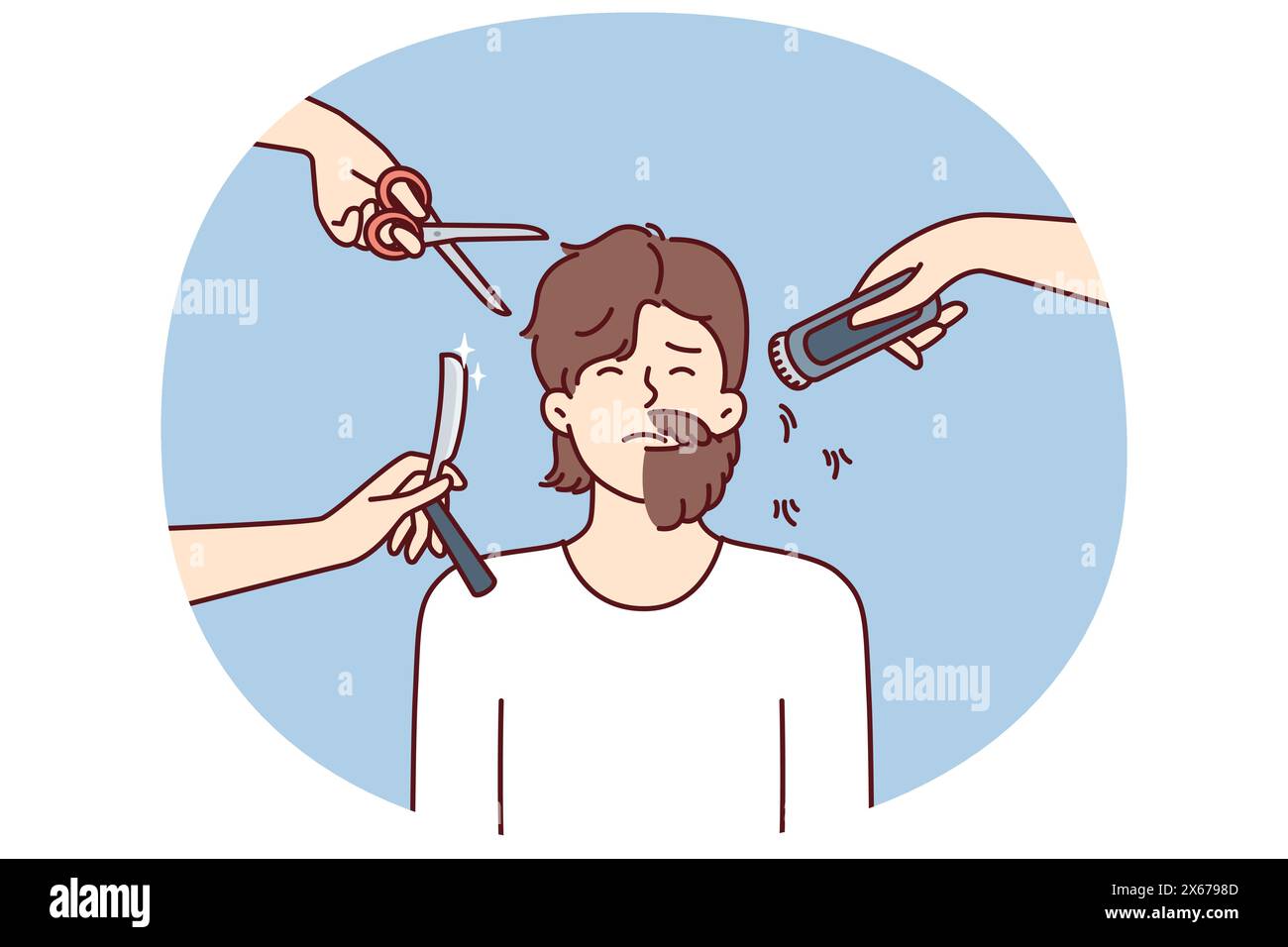 Hands with scissors and shaving devices around man with partially ...