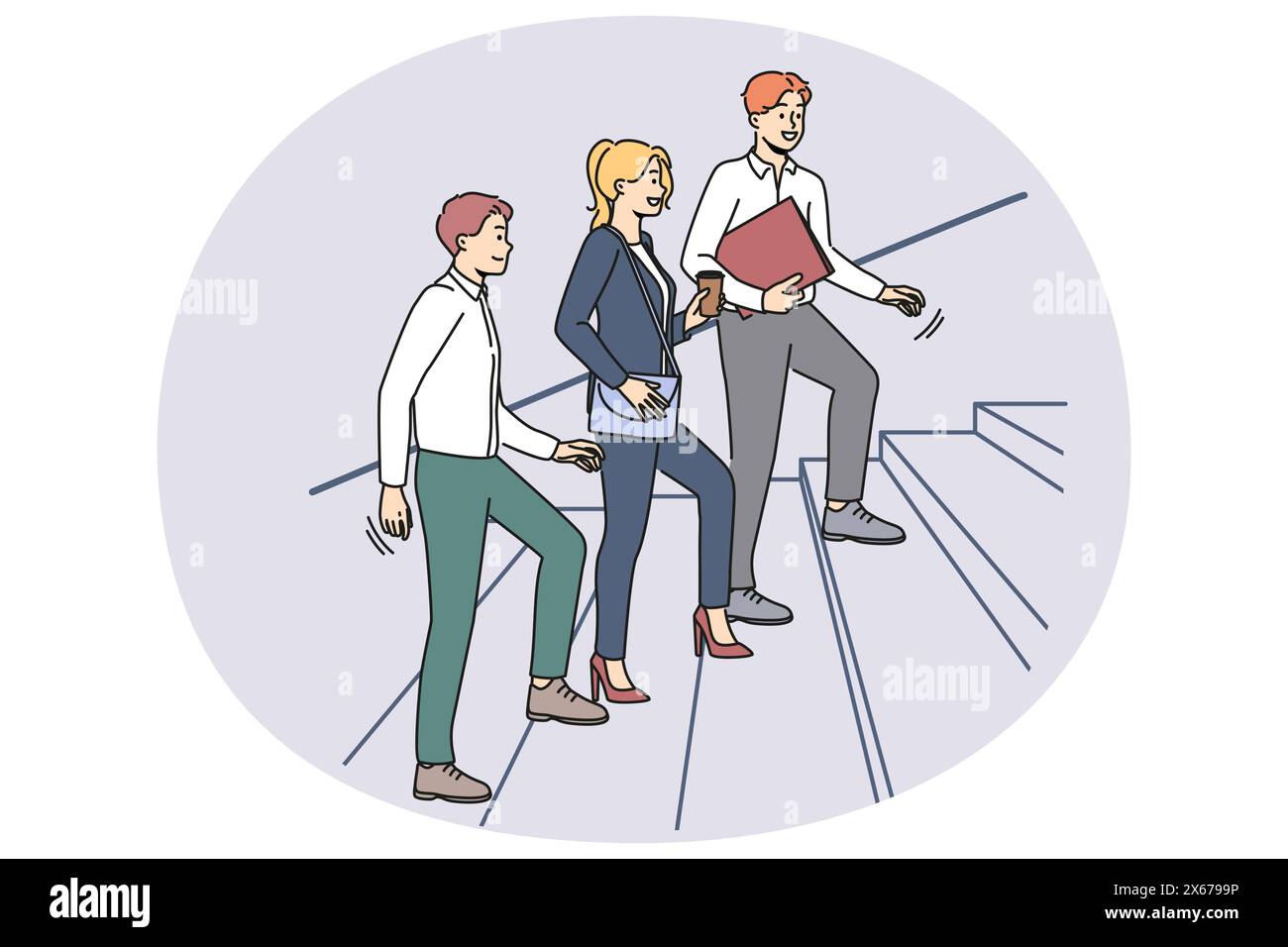 Smiling businesspeople walking stairs to office after coffee break ...