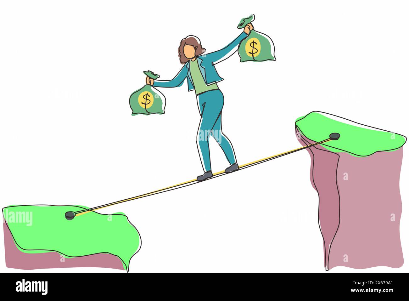 Single continuous line drawing businesswoman walk over cliff gap ...