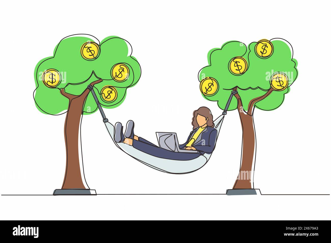 Continuous one line drawing happy rich businesswoman typing with laptop ...