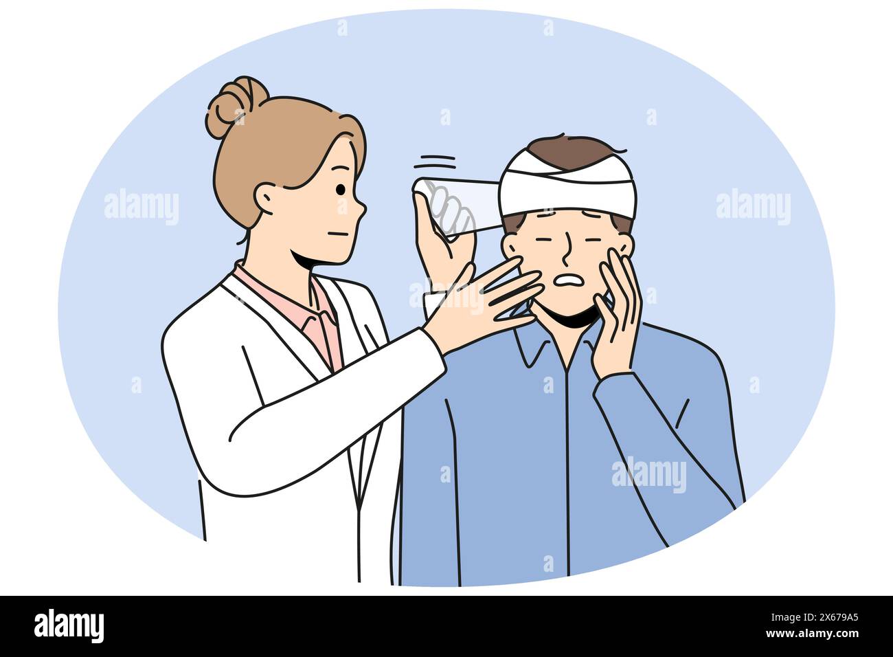 Female doctor put bandage on man head. Nurse help patient with head ... Female doctor put bandage on man head. Nurse help patient with head ...