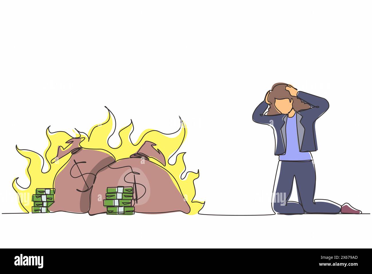 Single continuous line drawing upset businesswoman kneeling. Finances ...