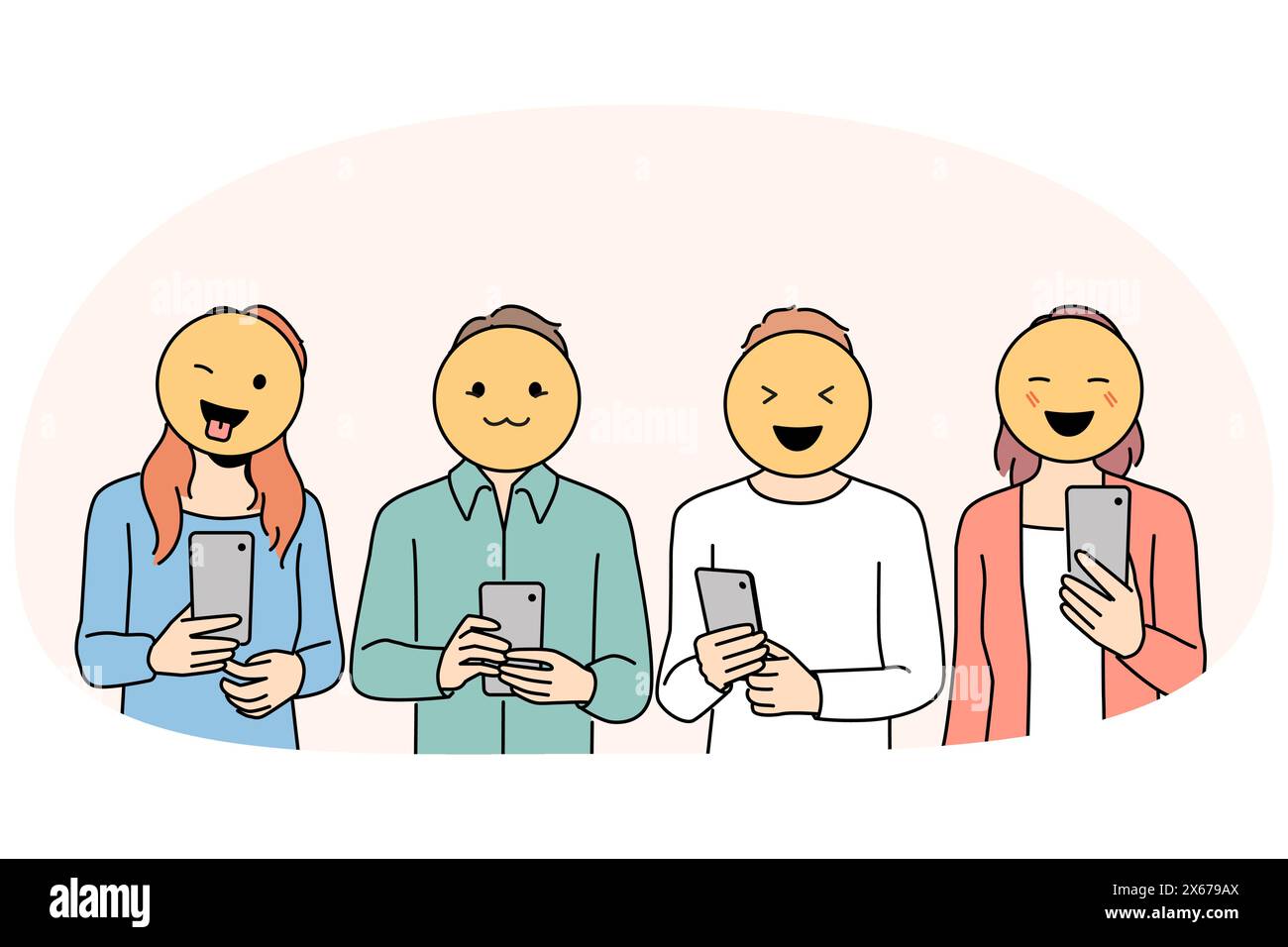 Diverse people with emojis on heads using cellphone texting online. Men ...