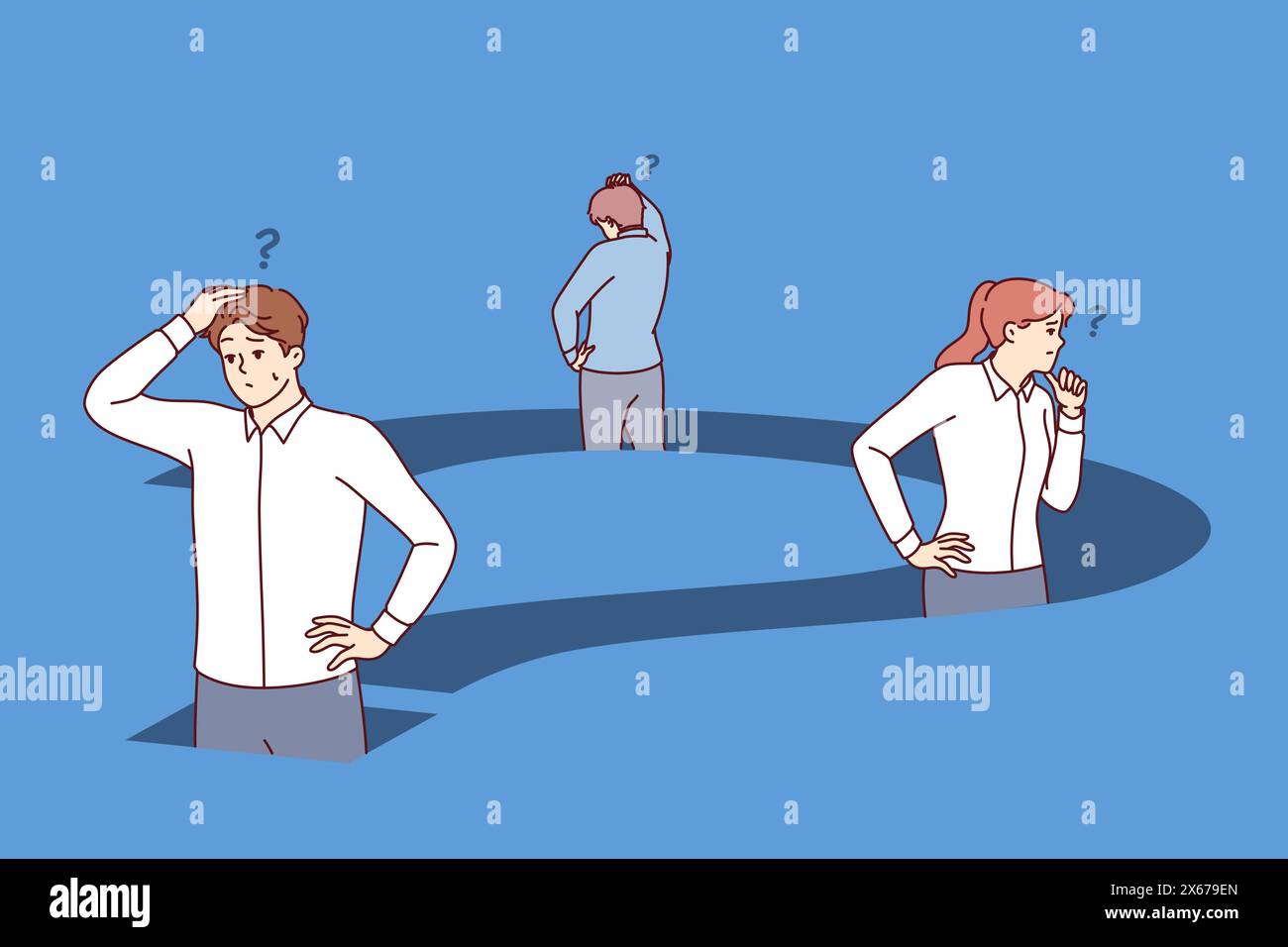 Confused business people are standing inside big question trying to ...