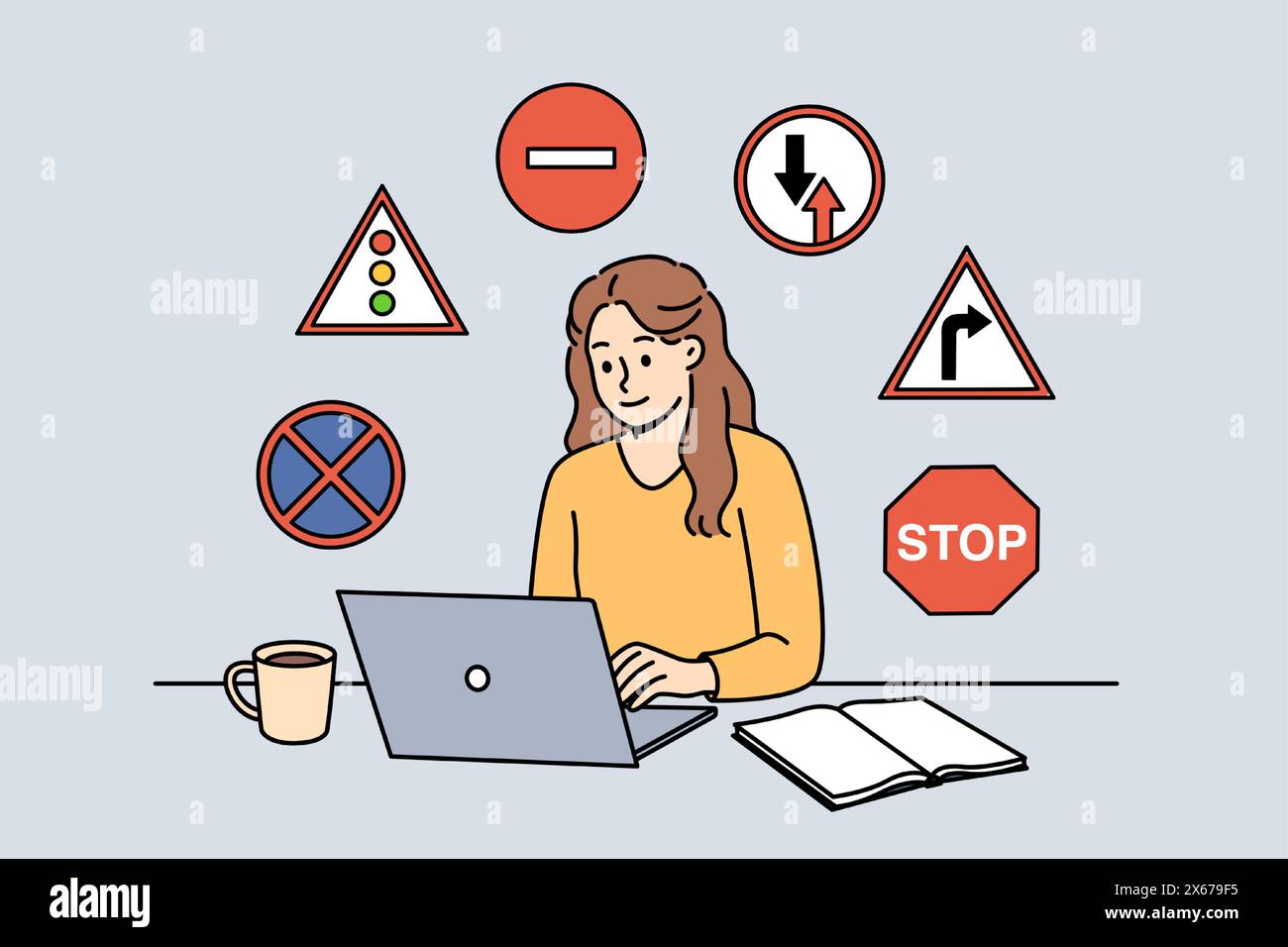 Woman studies traffic rules via laptop, preparing to take theoretical ...