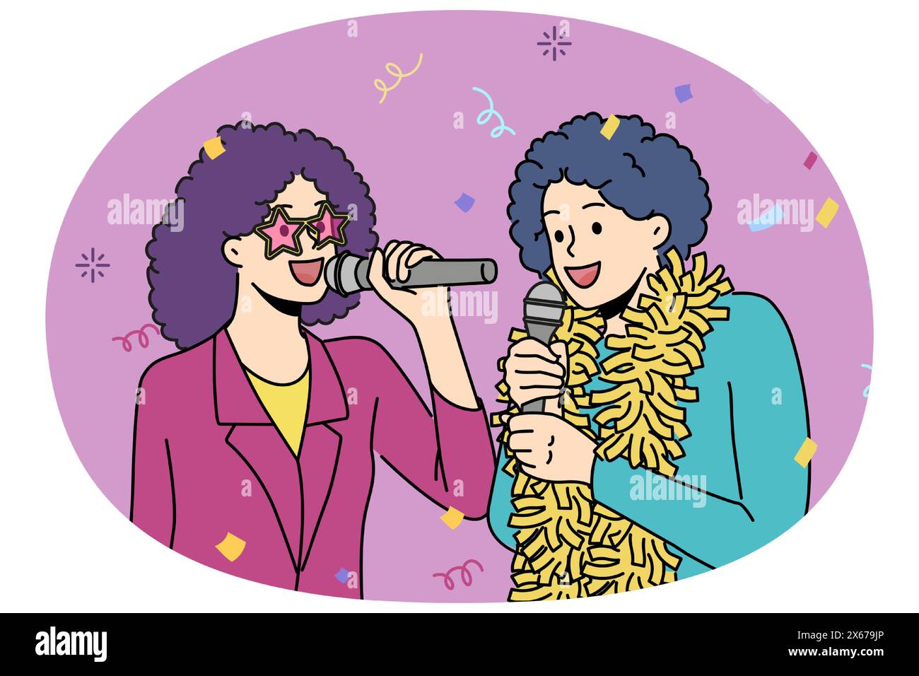 Smiling people in retro costumes sing in microphones enjoy party or ...