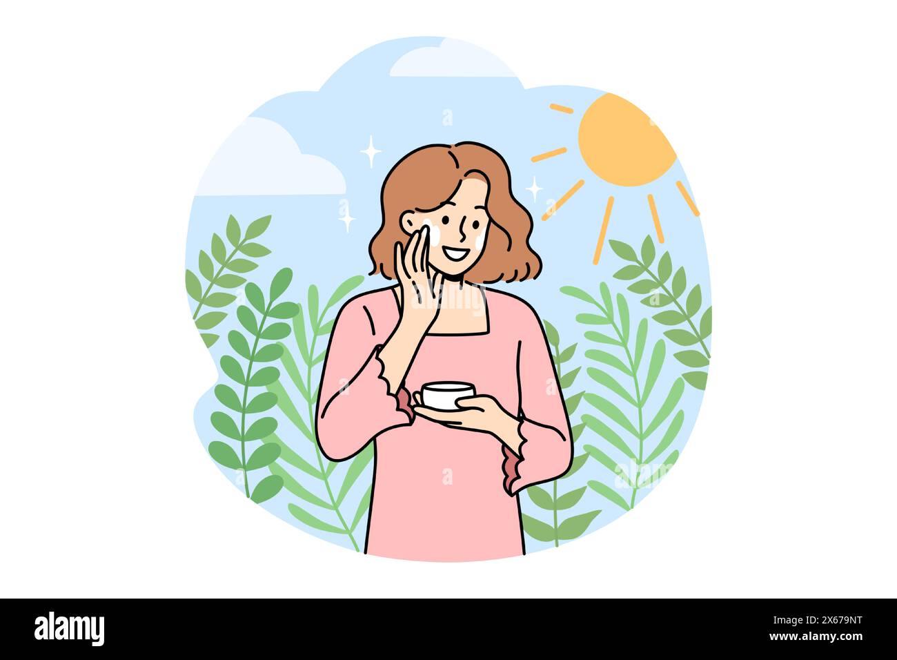 Woman uses sunscreen to protect face from sunburn and avoid negative ...