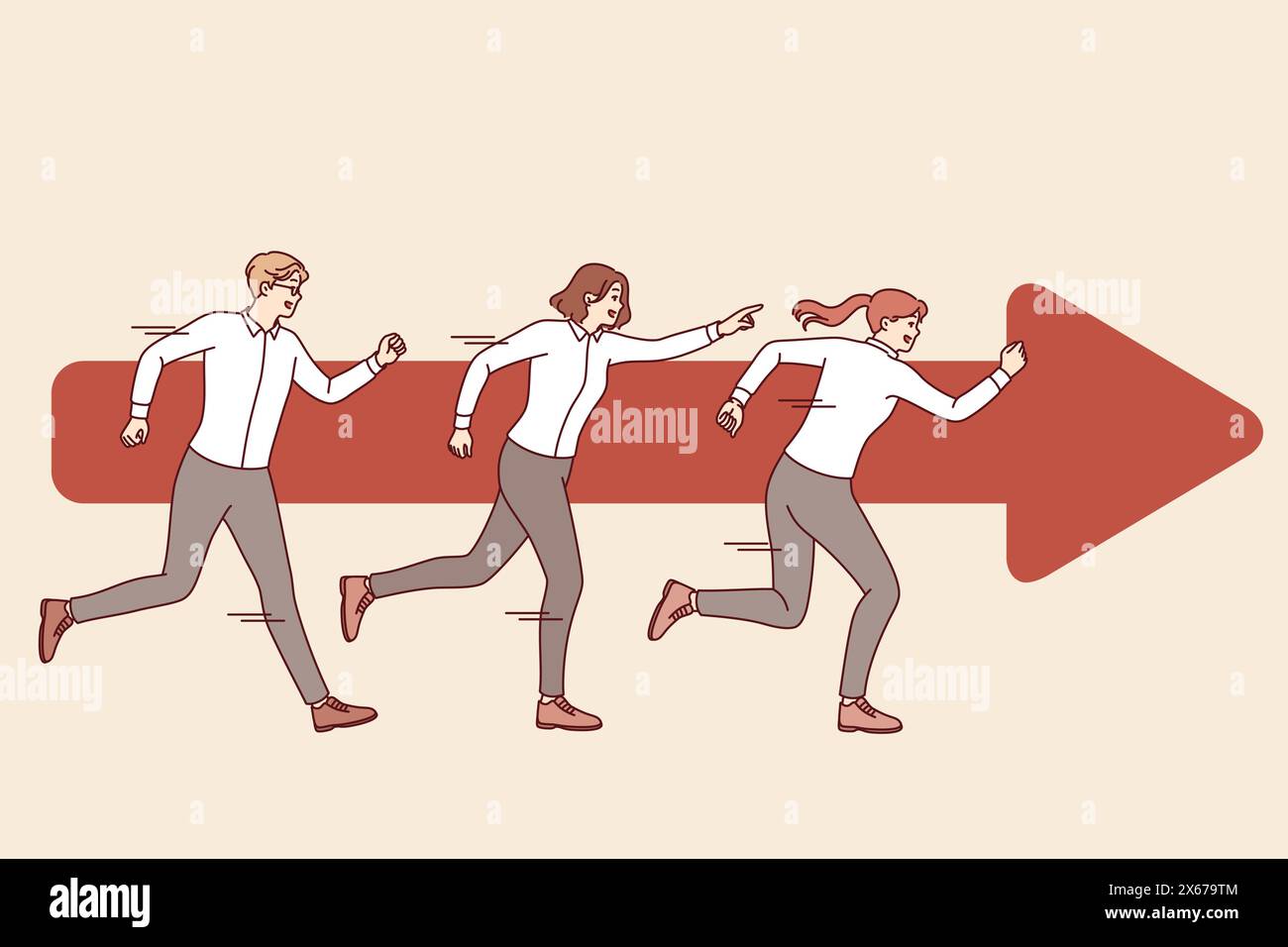 Teamwork of business people running together near arrow and striving to ...