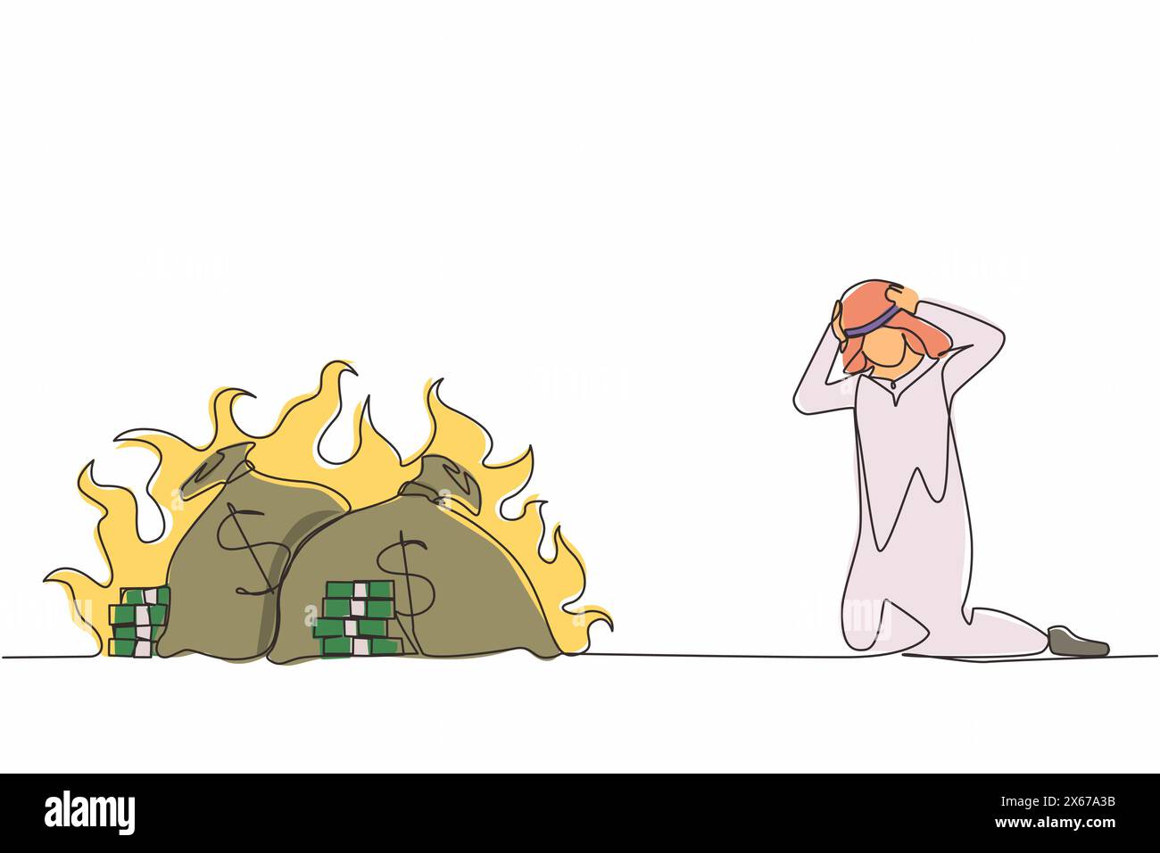 Continuous one line drawing upset Arab businessman kneeling. Finances ...