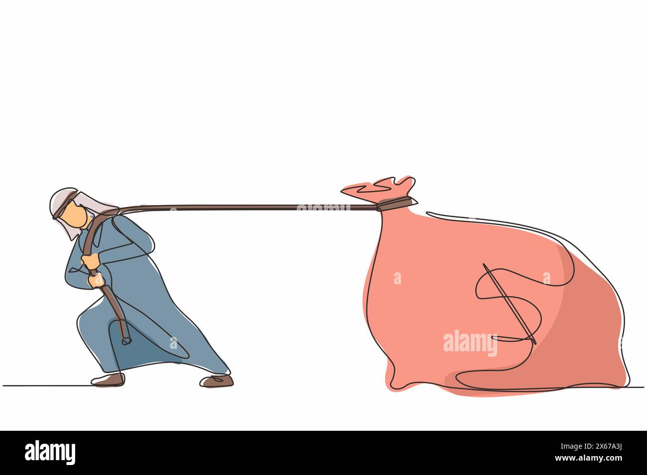 Single continuous line drawing Arabian businessman pulling big bag of ...