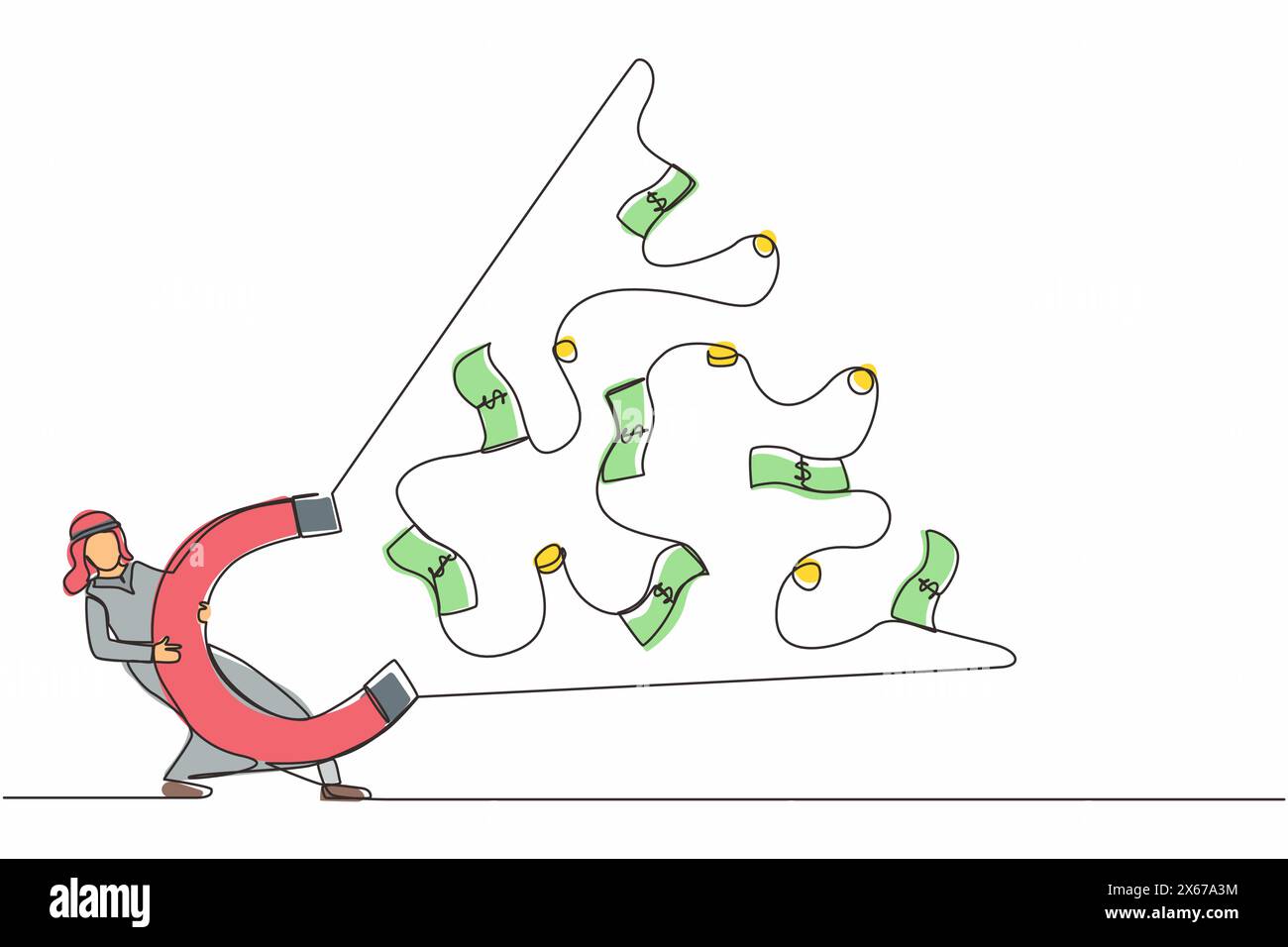 Single continuous line drawing Arab businessman using big magnet to ...