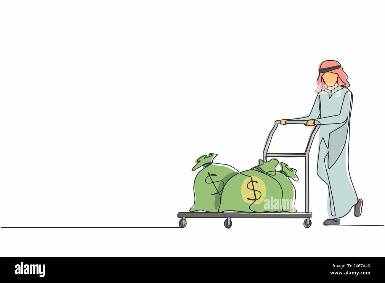 Continuous one line drawing Arabian businessman push cart with money ...