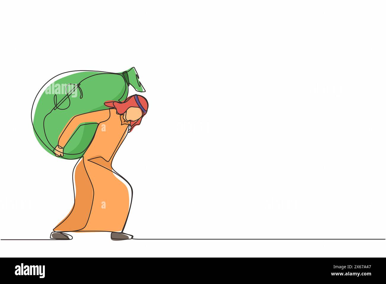 Single continuous line drawing Arab businessman carrying big and heavy ...