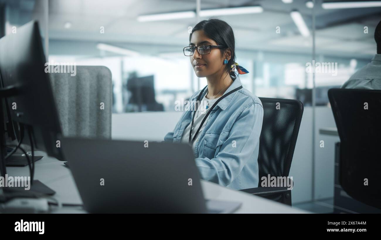 Diverse Office: Portrait of Talented Indian Girl IT Programmer Working ...