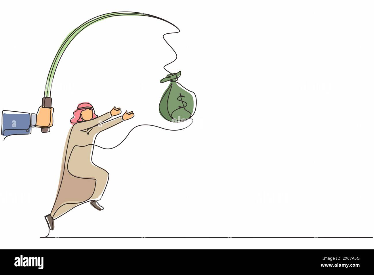 Single one line drawing hand with fishing pole and money bag control ...