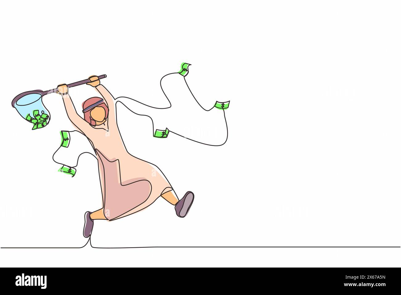 Continuous one line drawing Arab businessman trying to catch flying ...