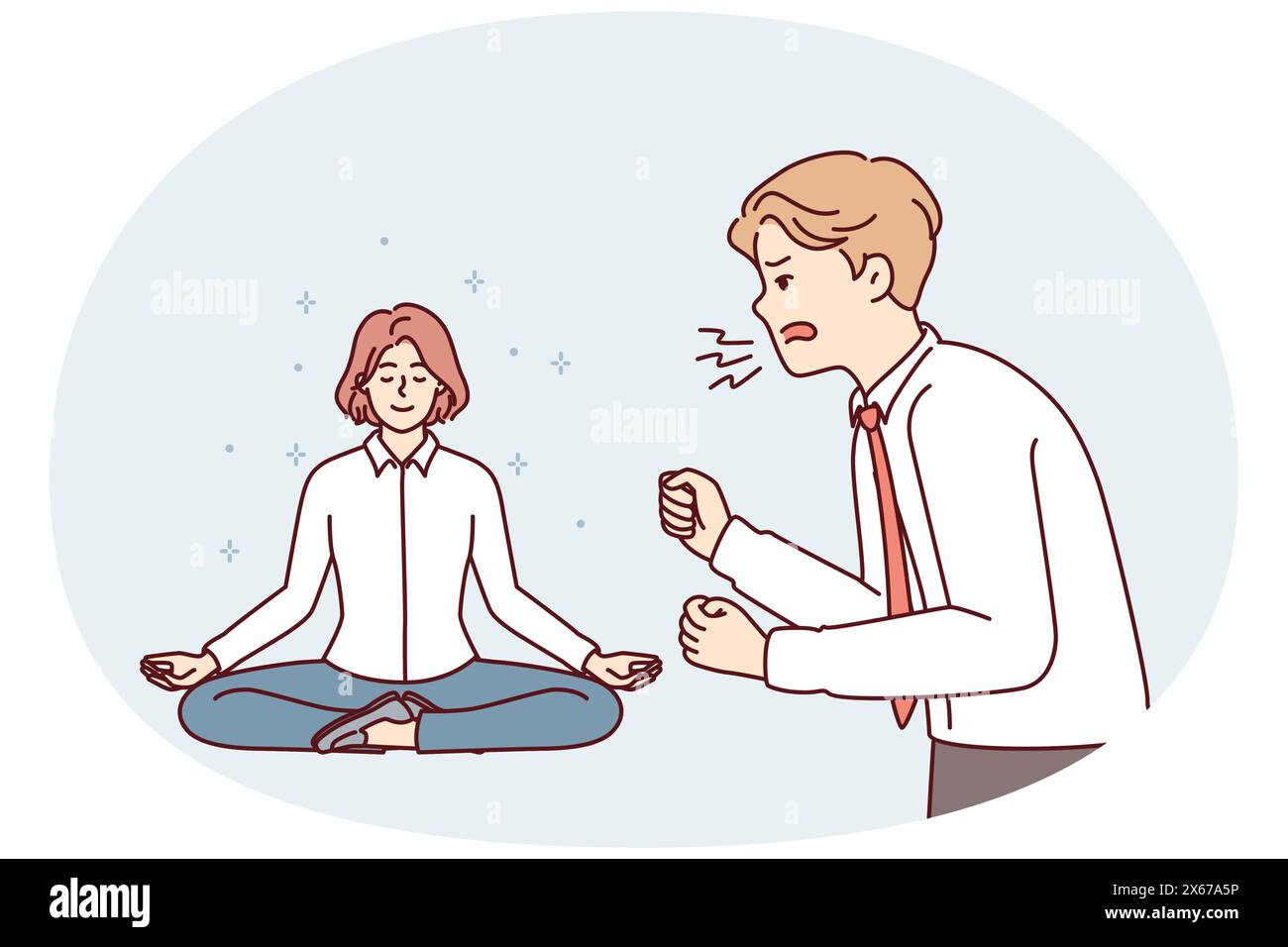 Angry manager yelling at employee sitting in lotus position and not ...