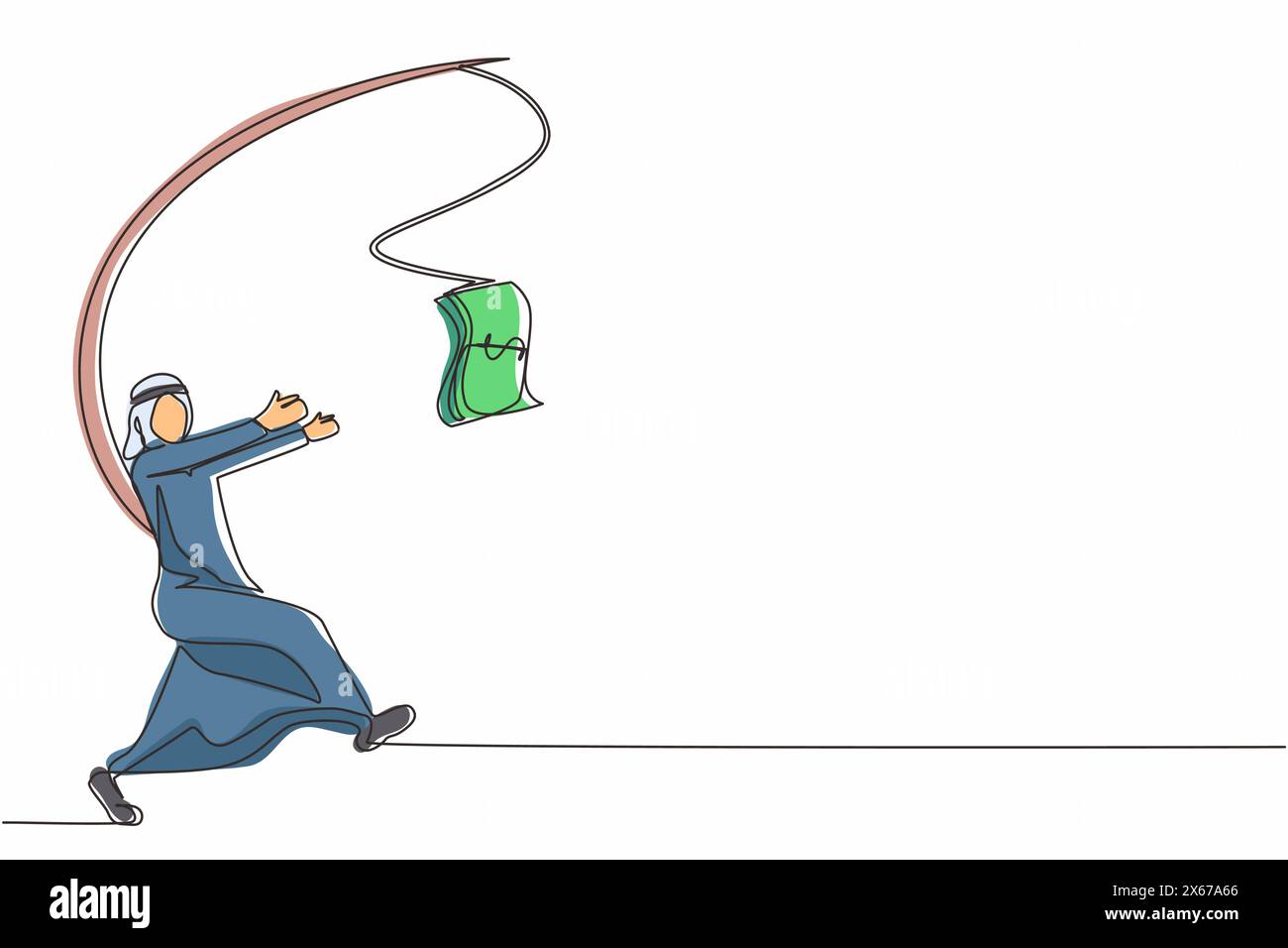 Single continuous line drawing greedy Arabian businessman or manager is ...