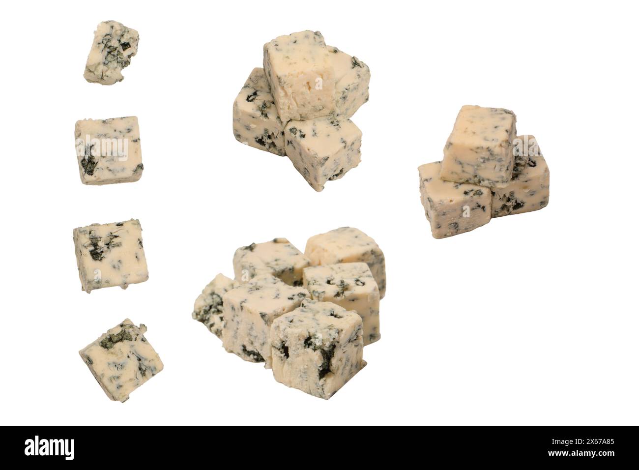 Blue cheese cubes isolated on a white background. Top view Stock Photo ...